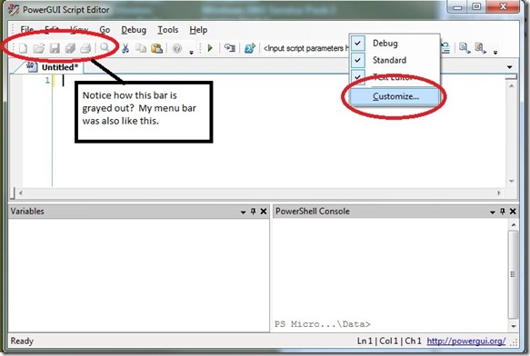 PowerGUI Script Editor Menu Bar Items Grayed Out